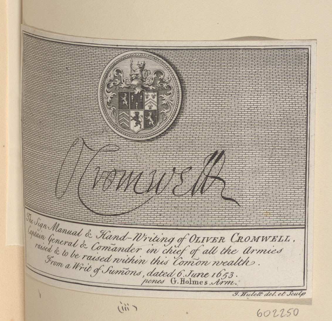 After Hulett, James (d.1771) - [Signature and coat of arms of Oliver ...